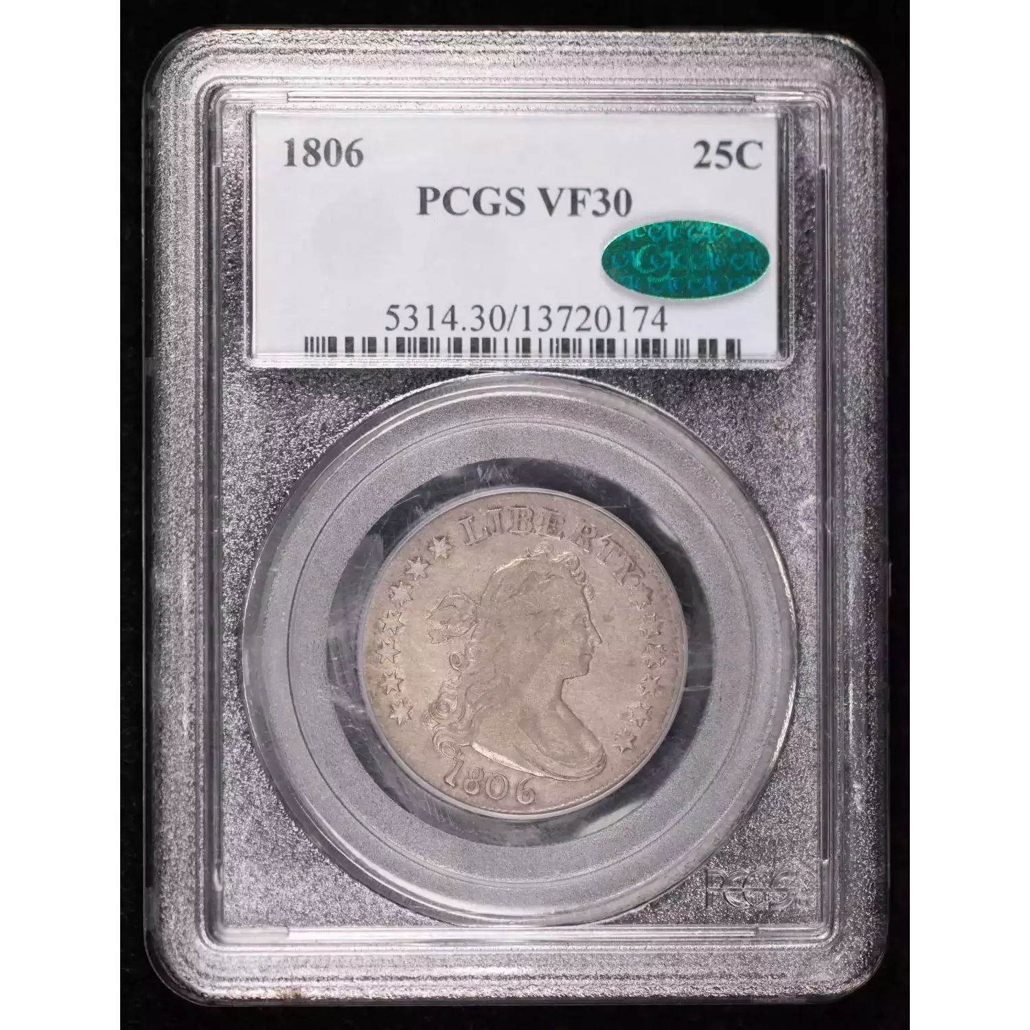 1806 Quarter Dollars Draped Bust PCGS VF-30 CAC CAC - Hertel's Coins Inc.