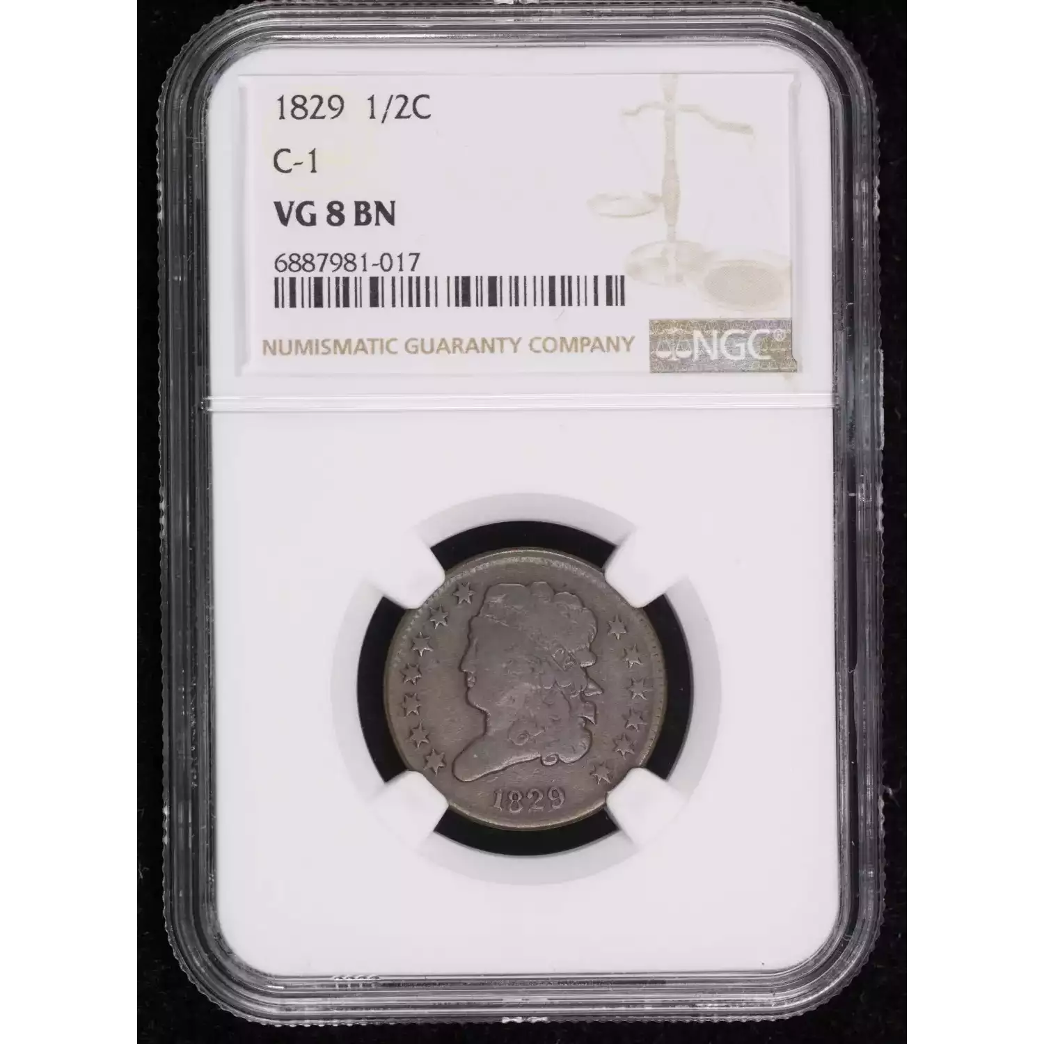 1829 Half Cents Classic Head 1809 - 36 NGC VG-8 BN C-1 - Hertel's Coins Inc.