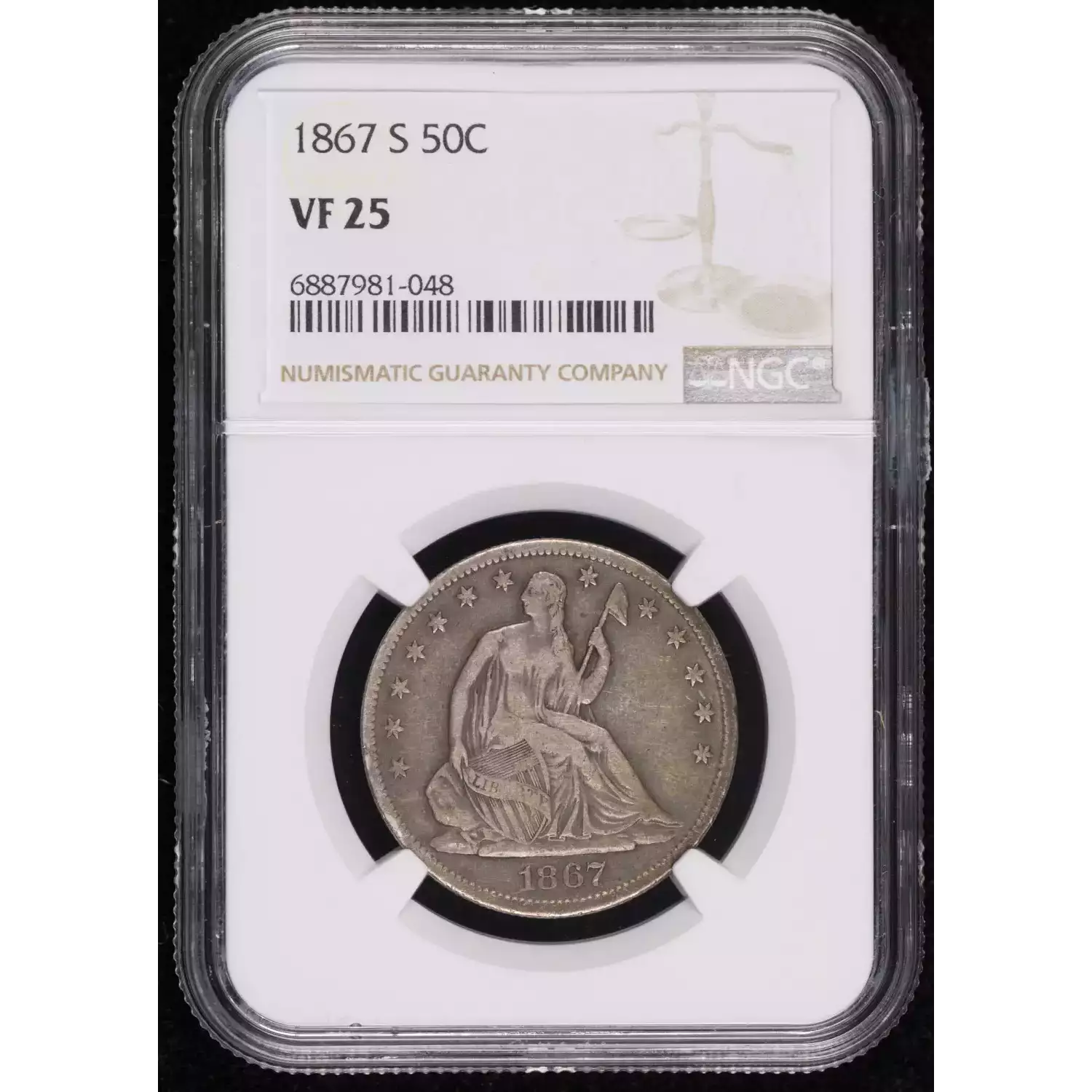 1867-S Half Dollars Liberty Seated NGC VF-25 - Hertel's Coins Inc.