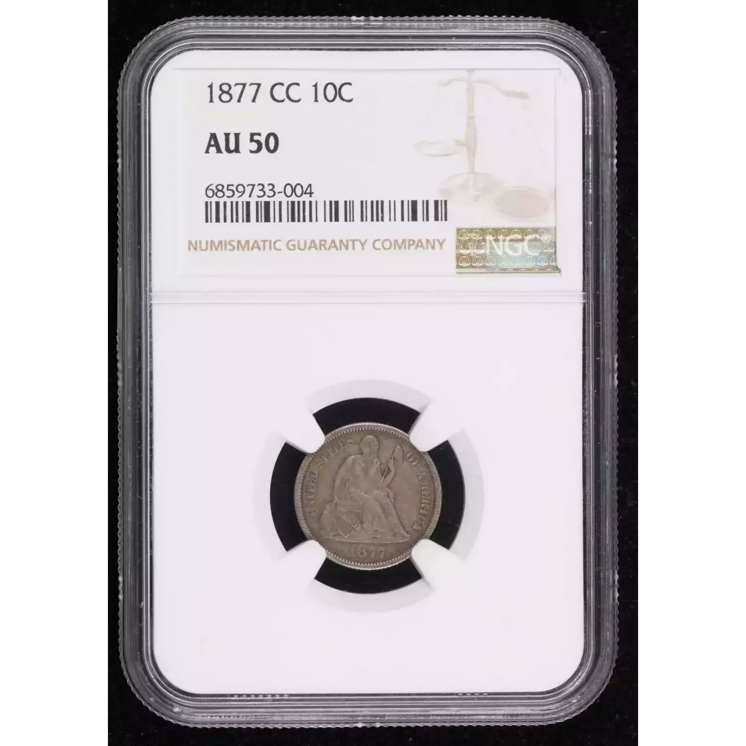 1877-CC Liberty Seated Dime NGC AU-50 - Hertel's Coins Inc.