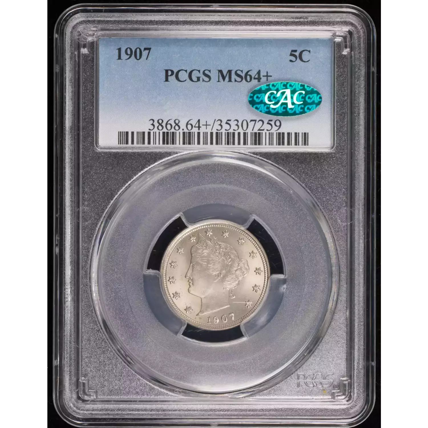 1907 Nickel Liberty Head PCGS MS-64+ CAC CAC - Hertel's Coins Inc.