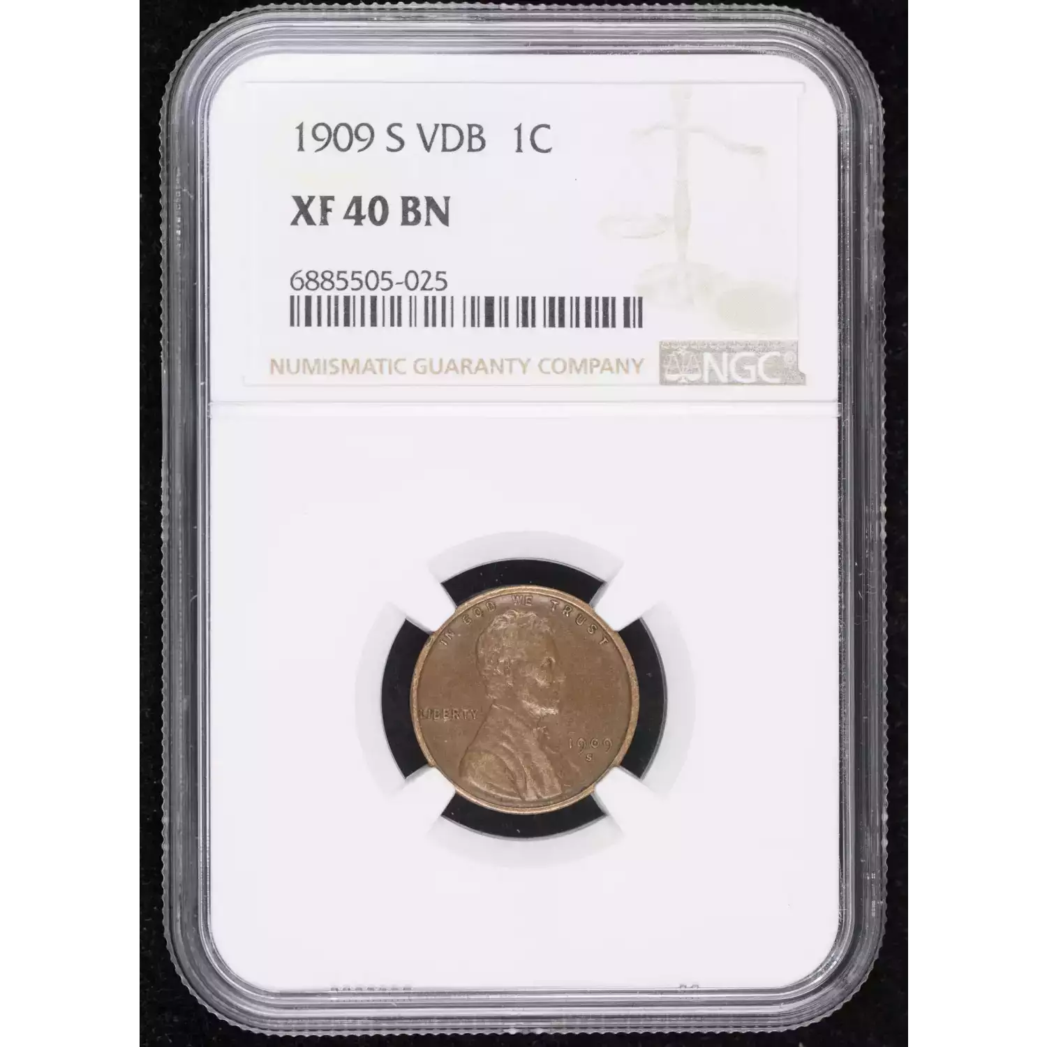 1909-S VDB Small Cents Lincoln, Wheat Ears Reverse NGC XF-40 BN - Hertel's Coins Inc.