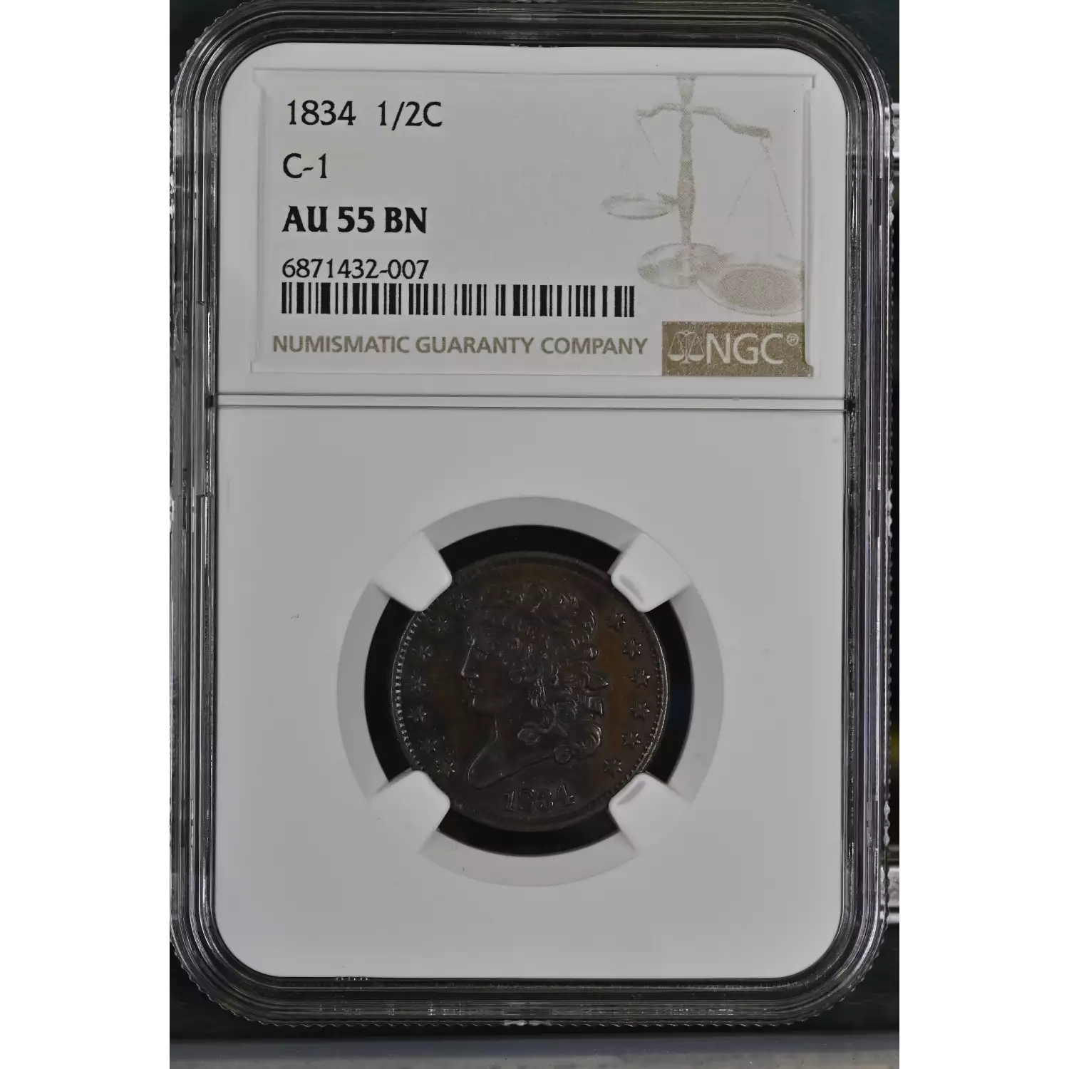 1834 Half Cents Classic Head 1809 - 36 NGC AU-55 BN C-1 - Hertel's Coins Inc.