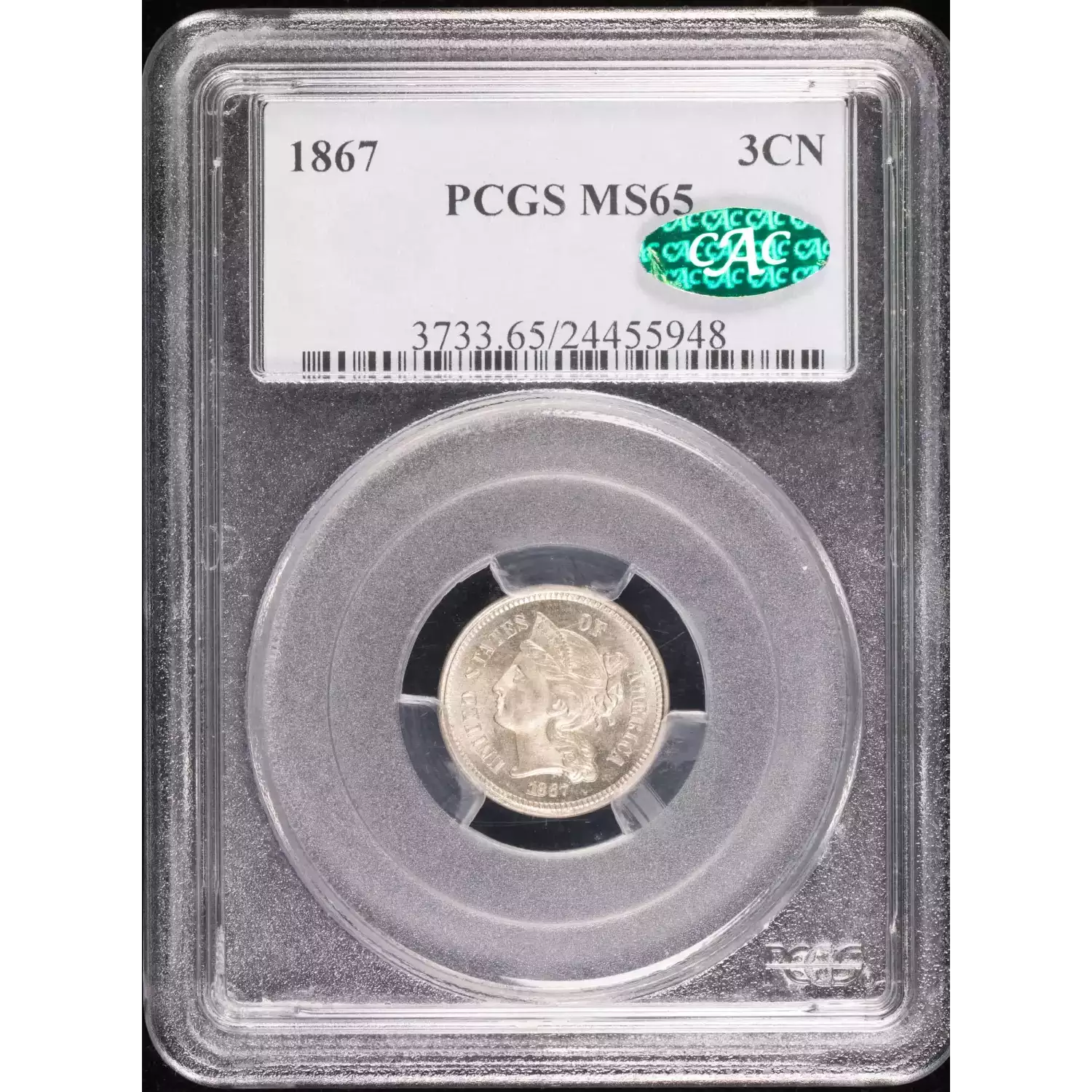 1867 Nickel Three Cent Pieces PCGS MS-65 CAC CAC - Hertel's Coins Inc.