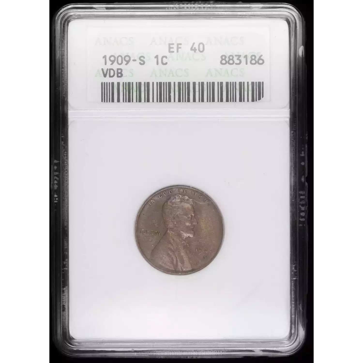 1909-S Small Cents Lincoln, Wheat Ears Reverse ANACS XF-40 SoapBox - Hertel's Coins Inc.