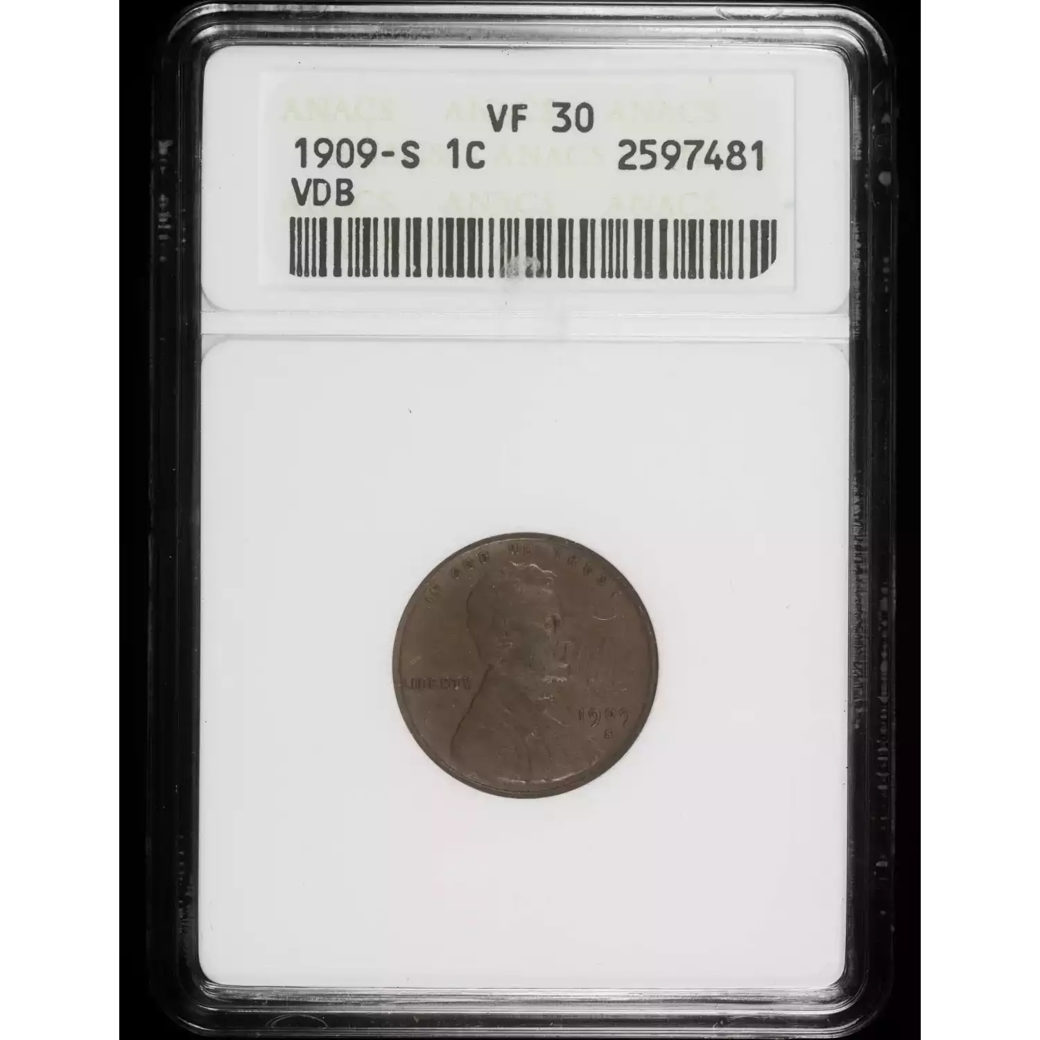 1909-S VDB Small Cents Lincoln, Wheat Ears Reverse ANACS VF-30 SoapBox Holder - Hertel's Coins Inc.
