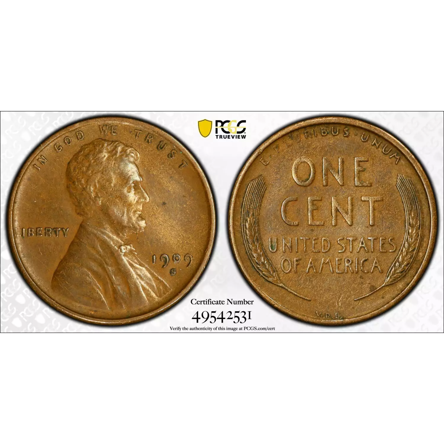 1909-S VDB Small Cents Lincoln, Wheat Ears Reverse PCGS AU-50 BN - Hertel's Coins Inc.