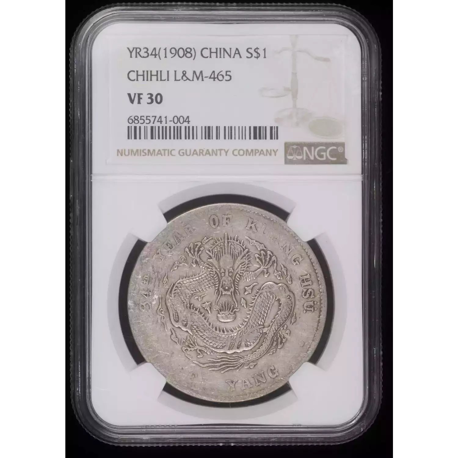 1908 CHINA Silver DOLLAR NGC VF-30 YR34() CHIHLI L&M-465 - Hertel's Coins Inc.